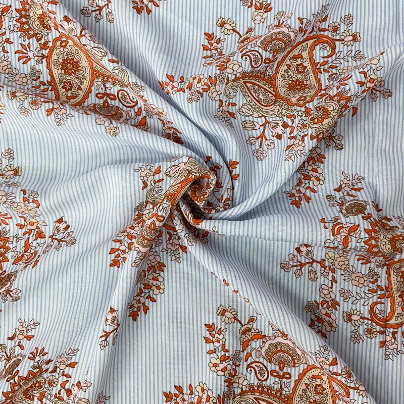 Blue-White-Multi Rayon Paisley Stripe Printed Challis Woven Fabric By ...