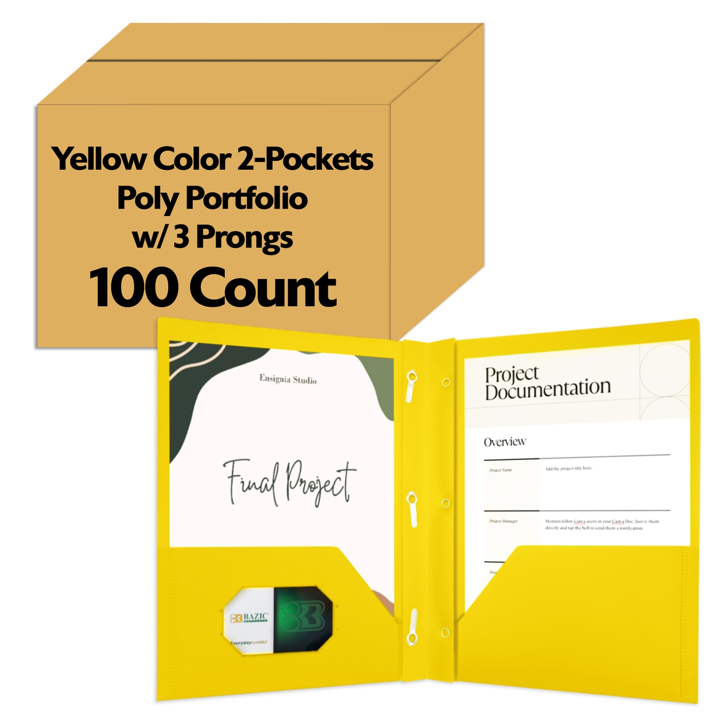 BAZIC Poly 2-Pockets Portfolio - Yellow Color w/ 3-Prong Fastener ...