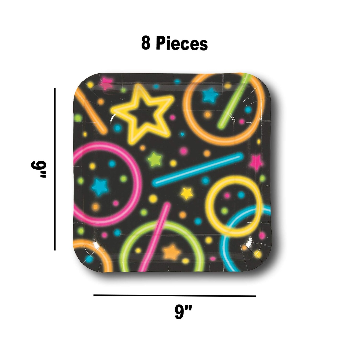 8 Count Neon Glow Rings and Stars Square Paper Plates 9 Inch for ...