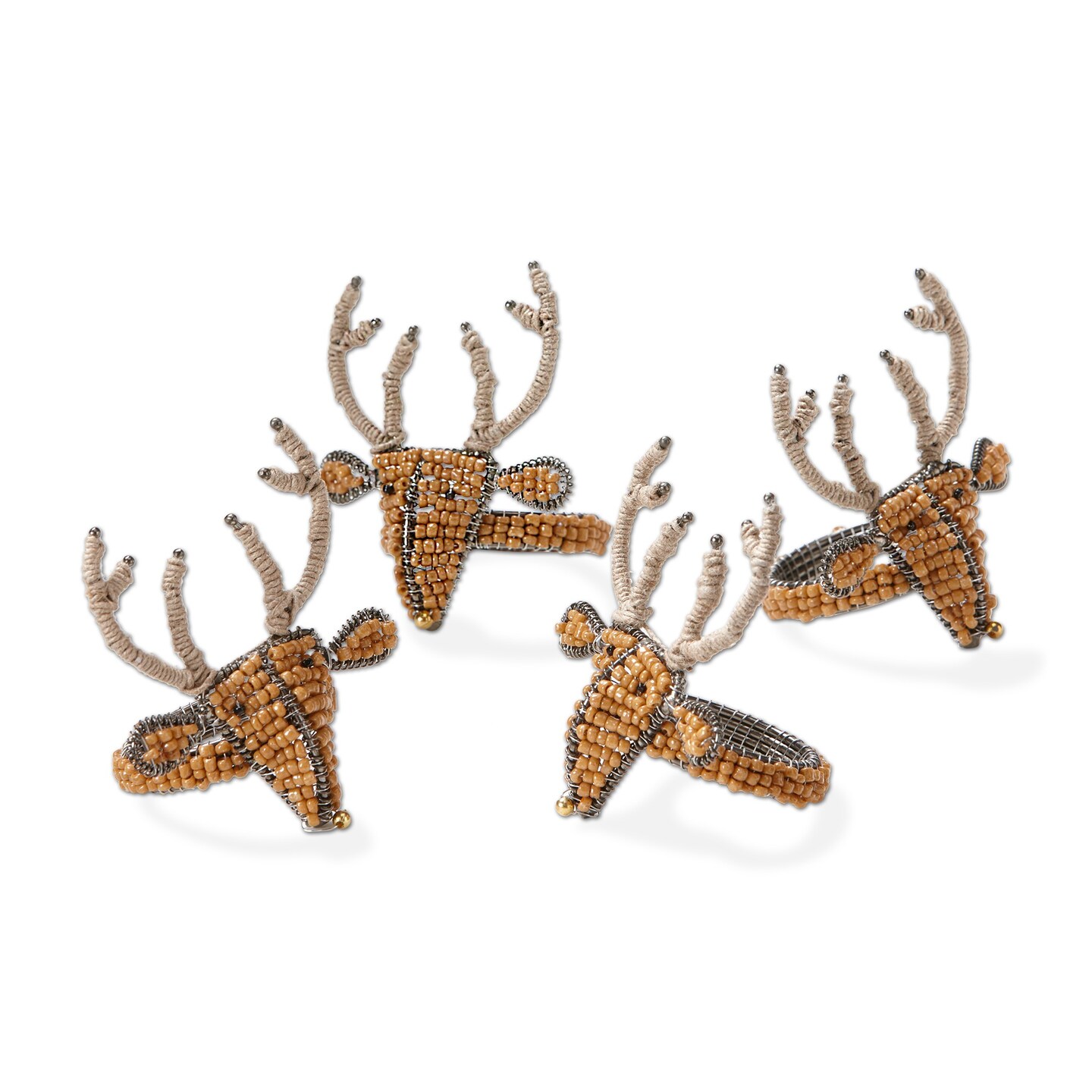 Reindeer Wood Beaded Napkin Ring Set Of 4, 3.25L x 2.25H x 2.25H inches ...