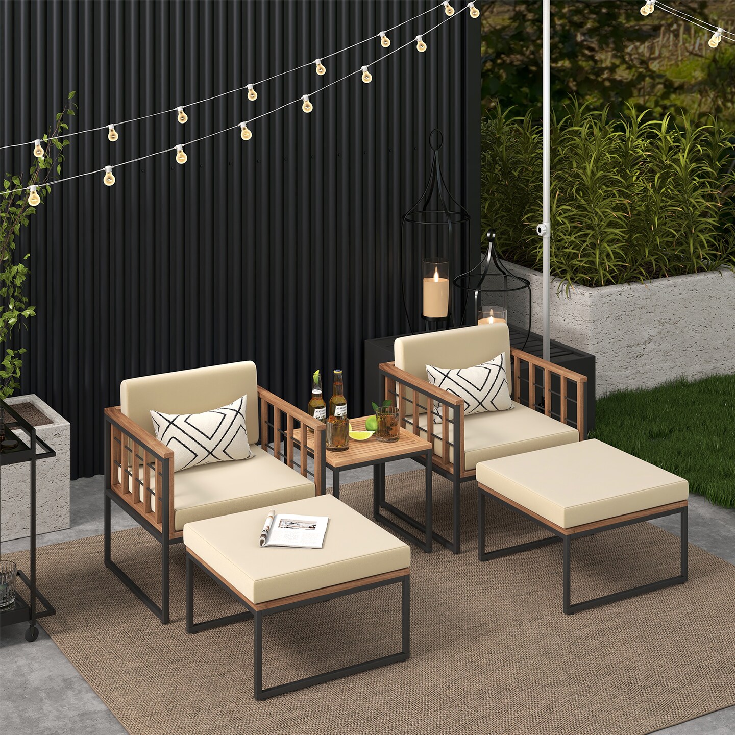 5 Piece Outdoor Furniture Set Acacia Wood Chair Set with Ottomans and ...