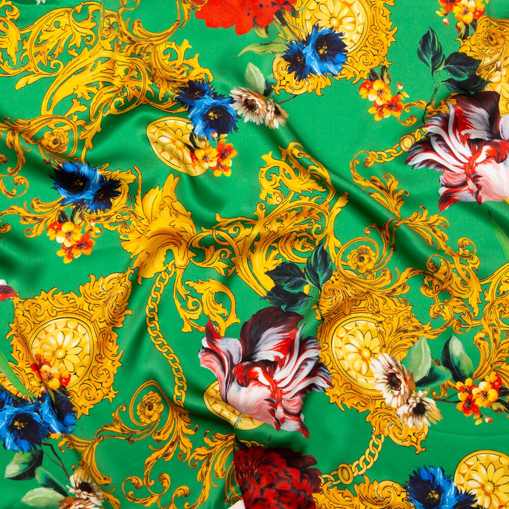 1 Yard Luxury Italian Silk Charmeuse Mood Kelly Green & Gold Classical ...