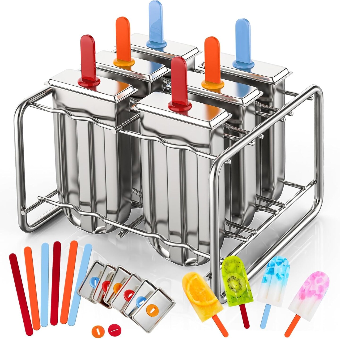 Stainless Steel Pop Molds, 6 Round Head Metal Pop Molds with Holder ...