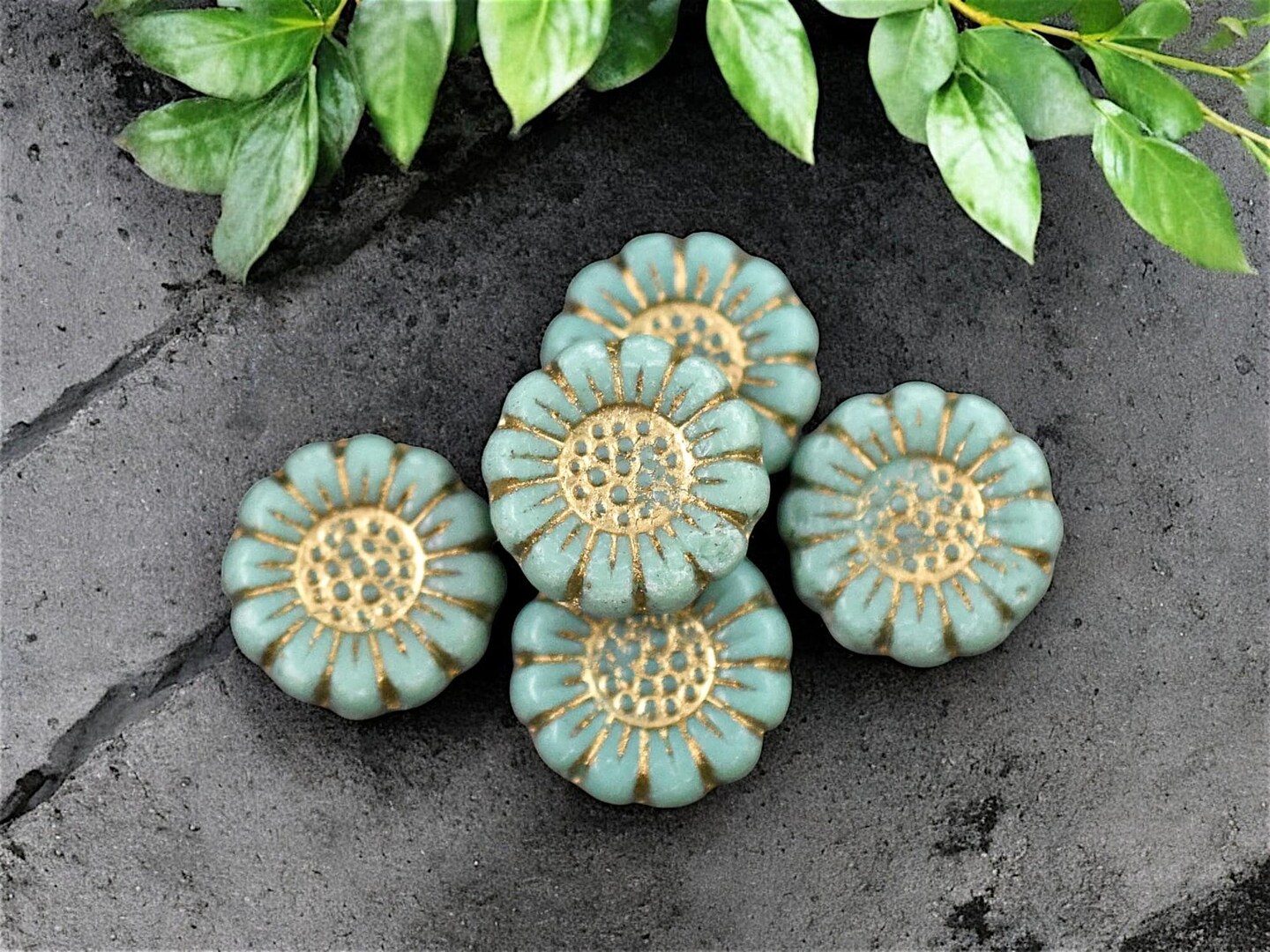 *12* 13mm Gold Washed Opaque Turquoise Sunflower Coin Beads | Michaels
