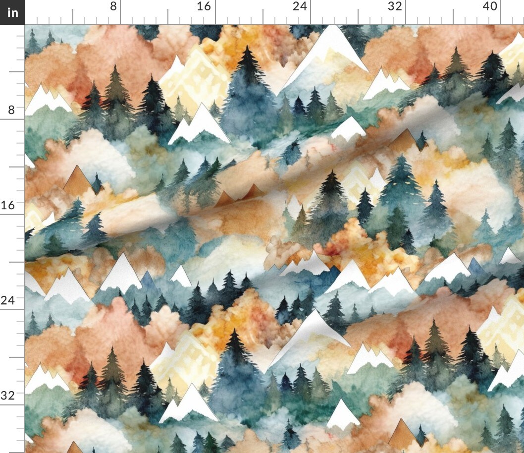 Various Fabrics by the Yard or Fat Quarter Watercolor Mountain Green Orange Woodland Pine Forest ...