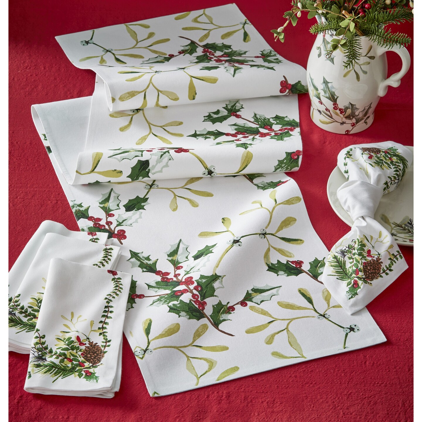 Red and Green Mistletoe & Holly Printed White Cotton Table Runner, 72L ...