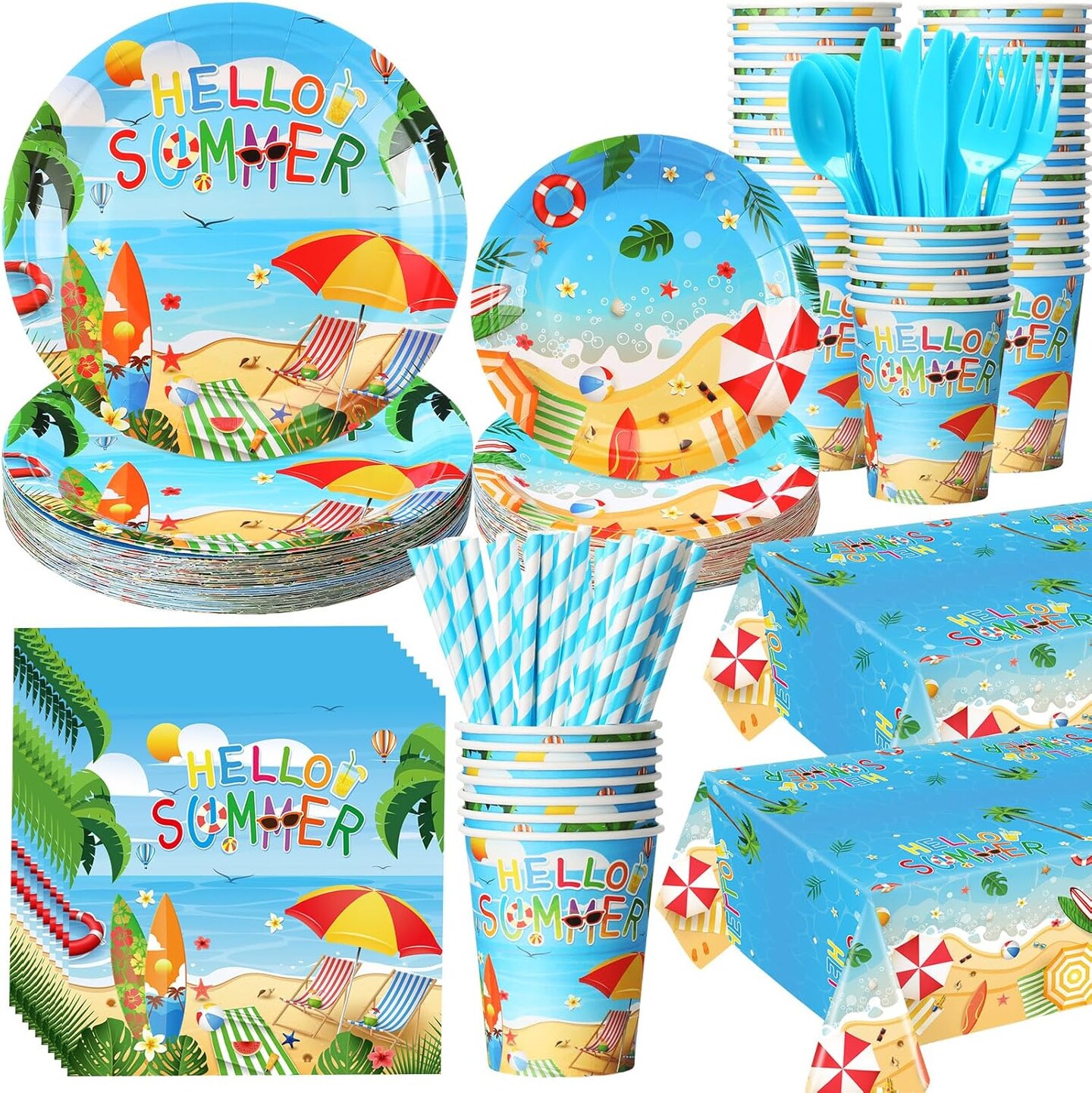 452 Pcs Hello Summer Theme Decorations Hawaiian Beach Disposable Party ...