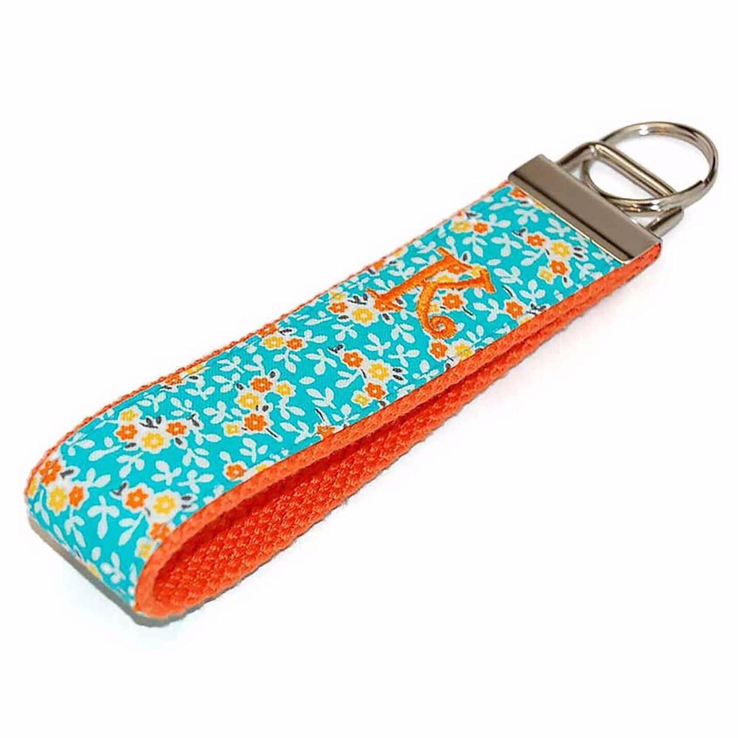 Aqua and Orange Flowers Keychain - Custom Key Fob Wristlet ...