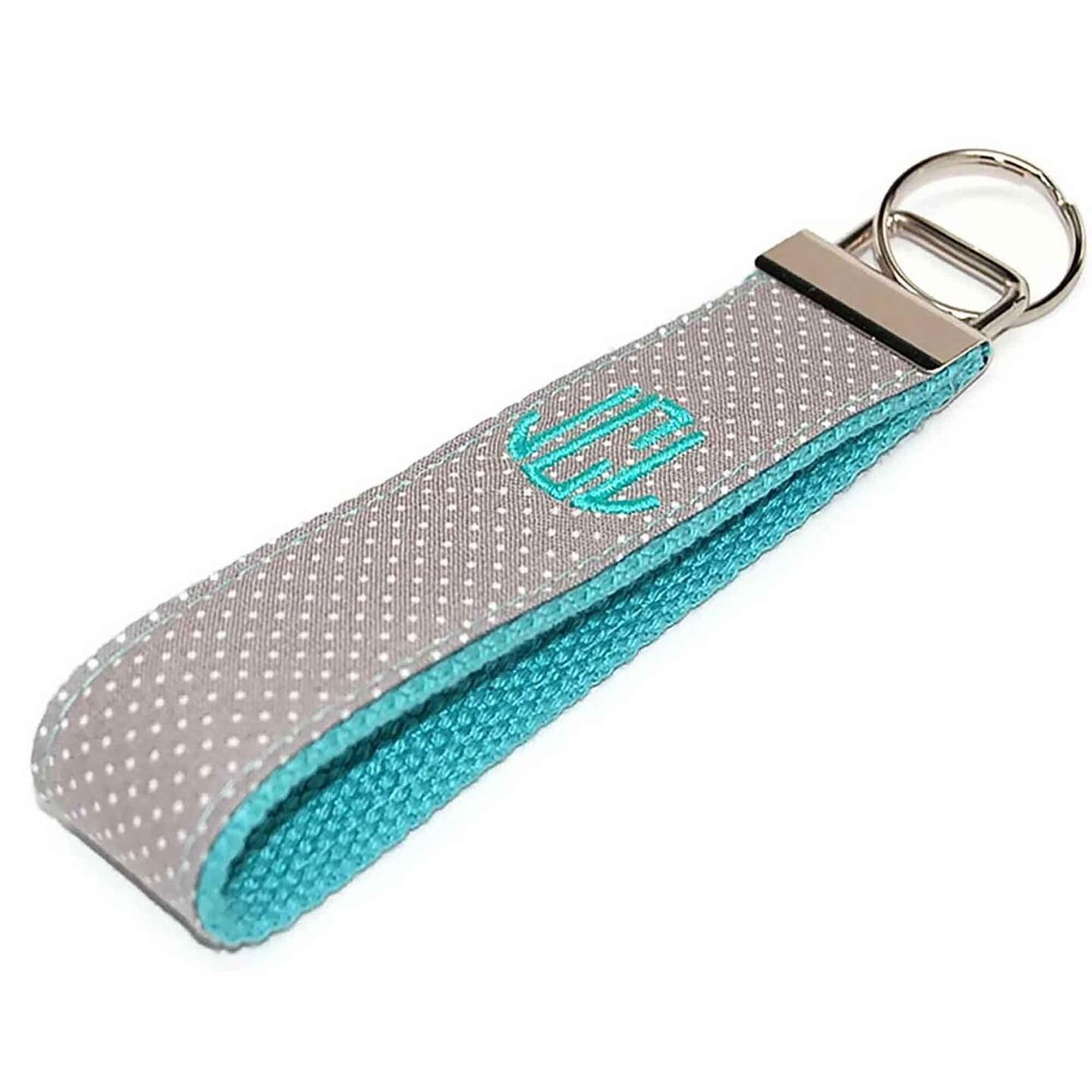 Grey Swiss Dot on Mint Monogrammed Keychain - Custom Embroidered Key ...