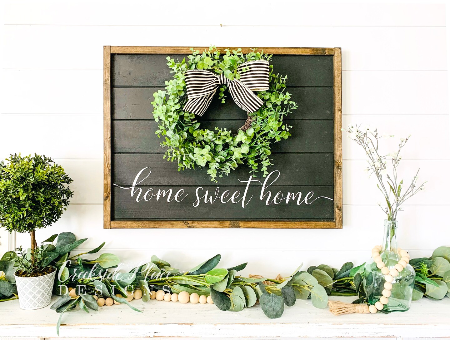 Shiplap Farmhouse Sign with Faux Eucalyptus Wreath, Home Sweet Home ...