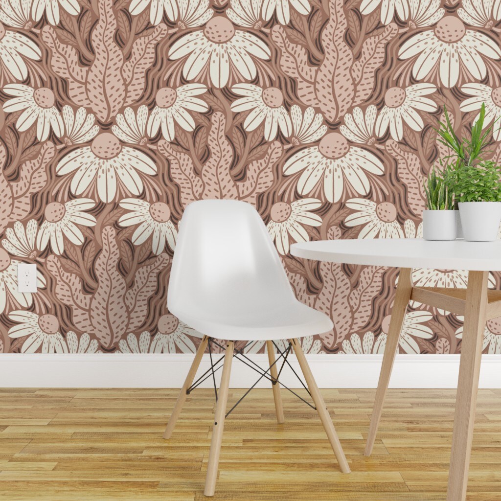 Pre-Pasted Wallpaper 2FT Wide Whimsical Floral Retro Blossom Earth Tone ...
