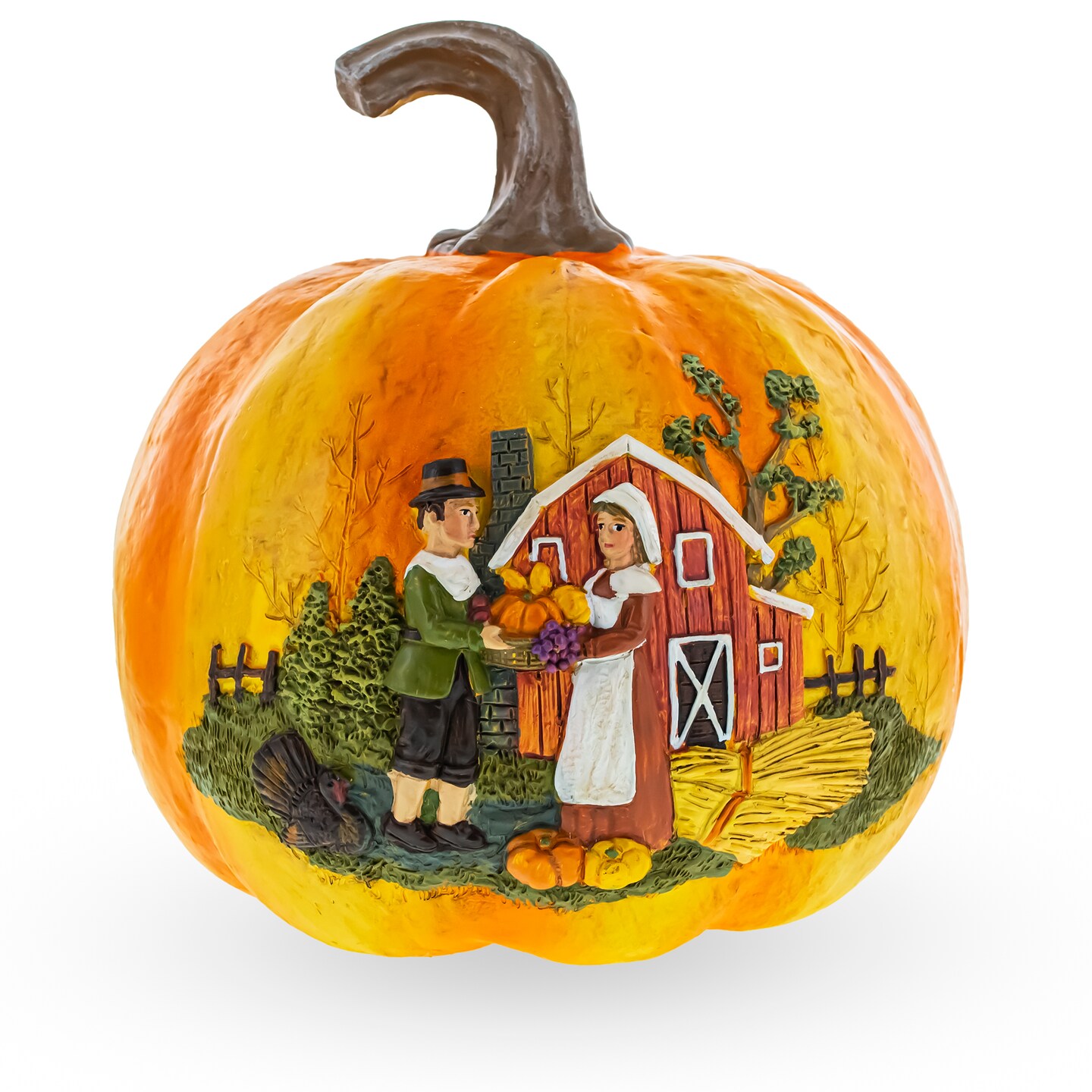 Harvest Pumpkin Pilgrim Scene Thanksgiving Decoration with Rustic Barn ...