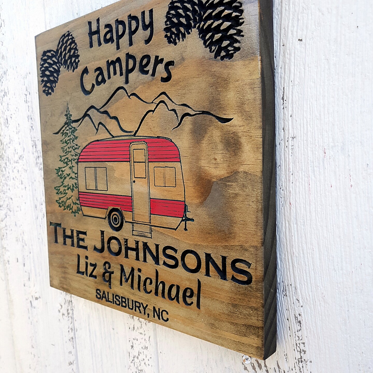 Custom Wood Happy Campers Camping Sign, Engraved Wooden Family Name ...
