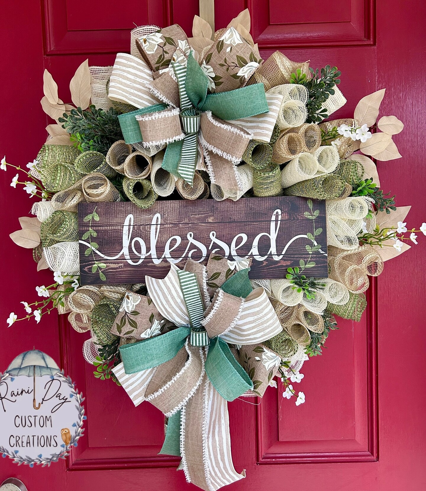 Blessed Green Cream and Natural Mesh Farmhouse Rustic wreath with ...
