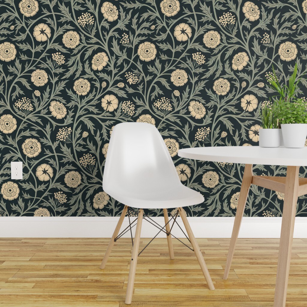 Pre-Pasted Wallpaper 2FT Wide Blue Floral Cream Botanical Traditional ...