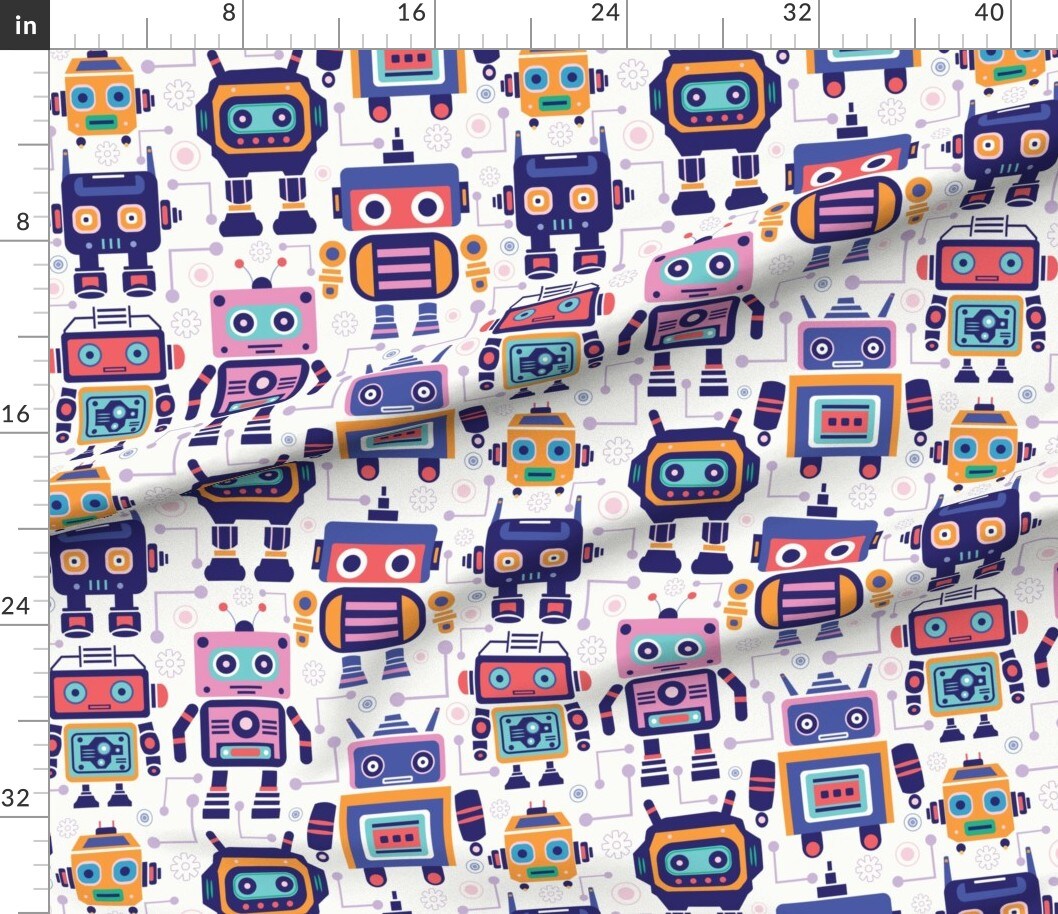 Various Fabrics by the Yard or Fat Quarter Fun Colorful Robots Novelty ...