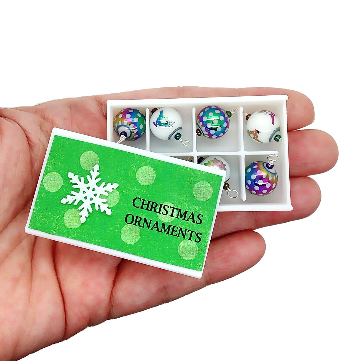 Mini Ornaments with Storage Box, 8 pc, Pretty Rainbow Patterned Baubles ...