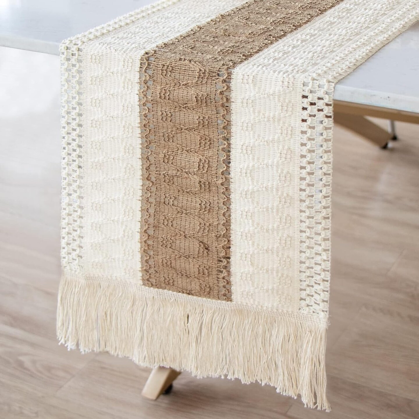 Boho Macrame Table Runners for Home Decor, 72 inch Cream & Brown Farmhouse Table Runner with ...