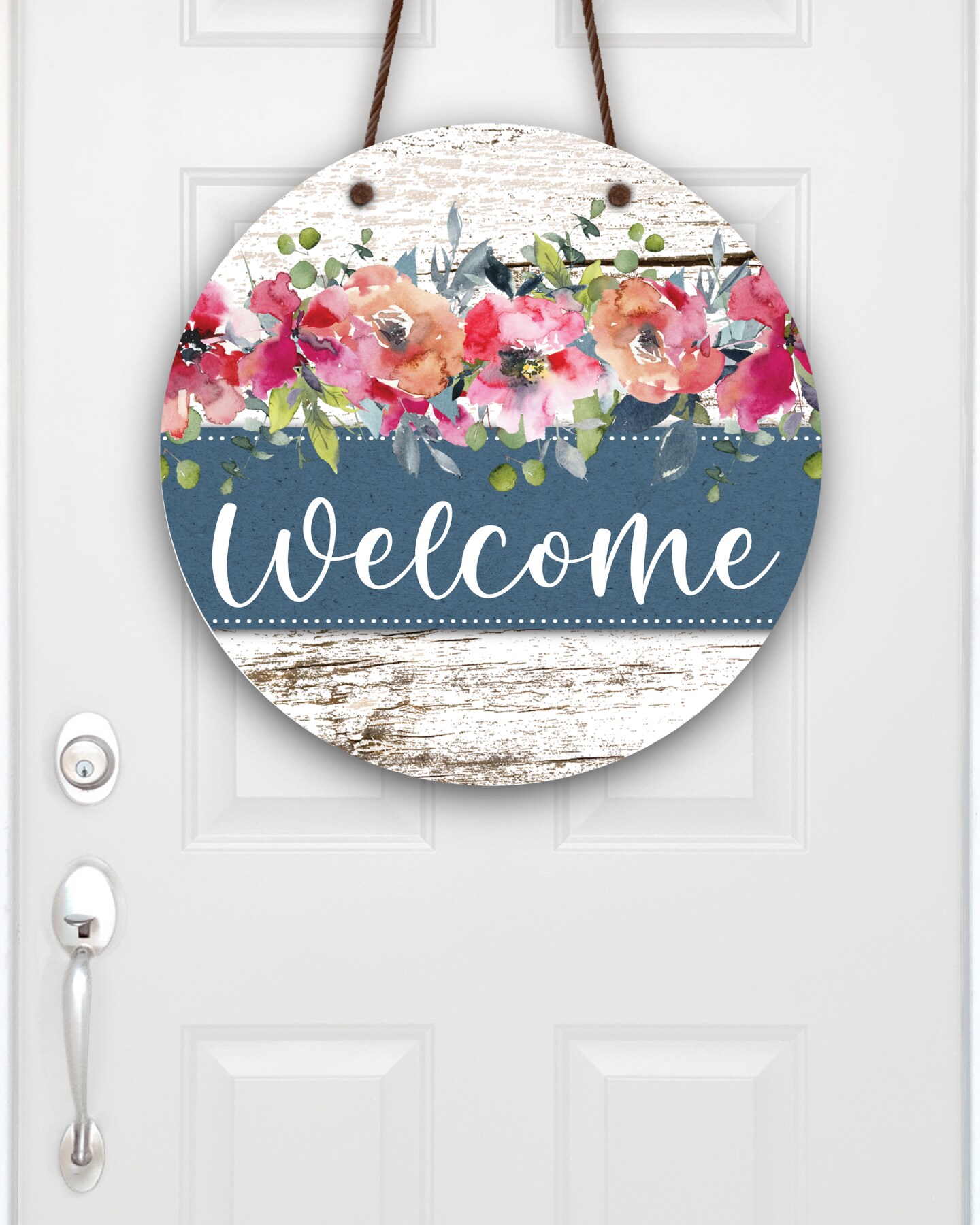 Welcome Floral Front Door Sign, Round Faux Wood Door Hanger, 12” round ...