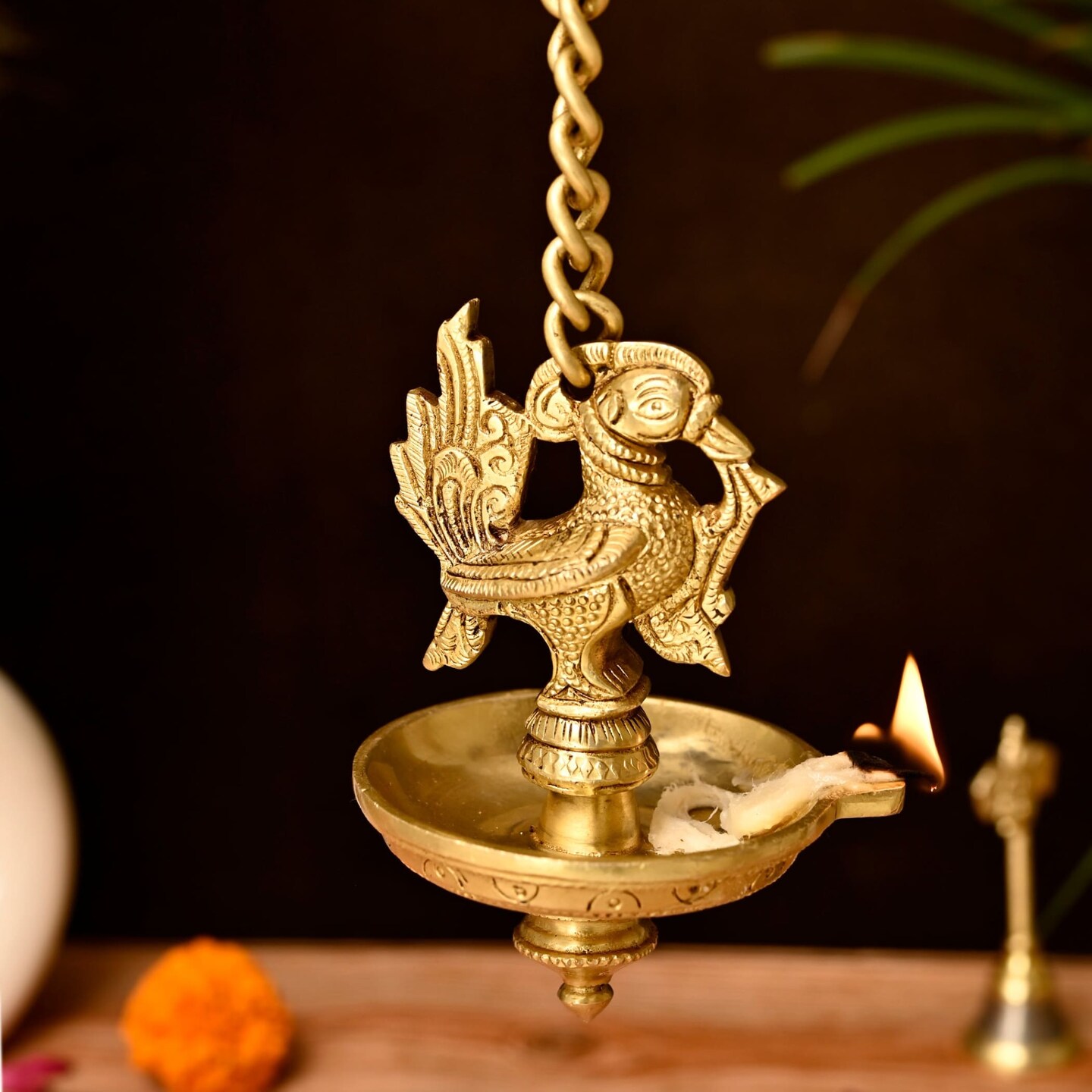 Brass Peacock Wall Hanging Diya with Chain Annam Hanging Idol Oil Lamp ...