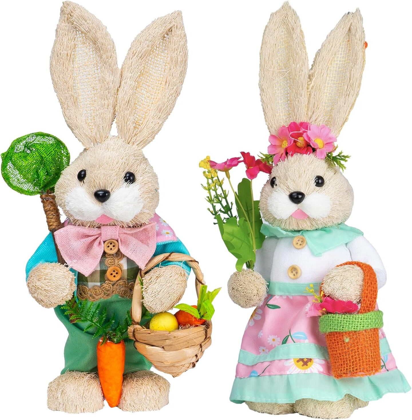 Set of 2 Easter Bunny Decorations, 14 Inch Straw Standing Bunny with ...