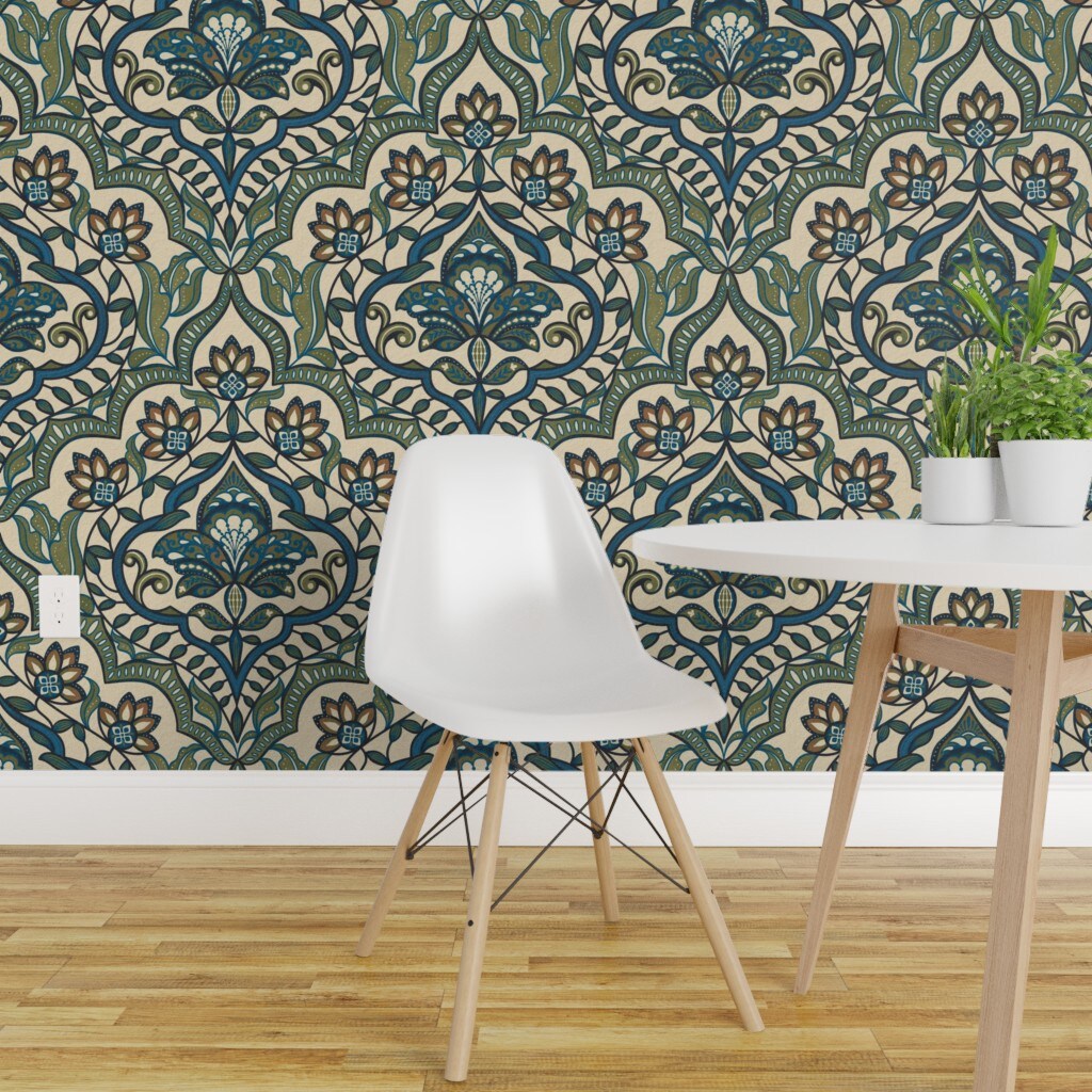 Pre-Pasted Wallpaper 2FT Wide Damask Millefleur Blue Green French ...