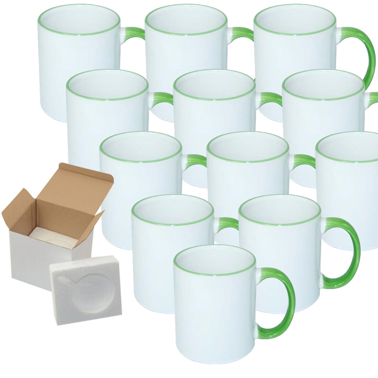 12 Pcs 11OZ Light Green Rim & Handle Sublimation Mugs With Foam Support ...