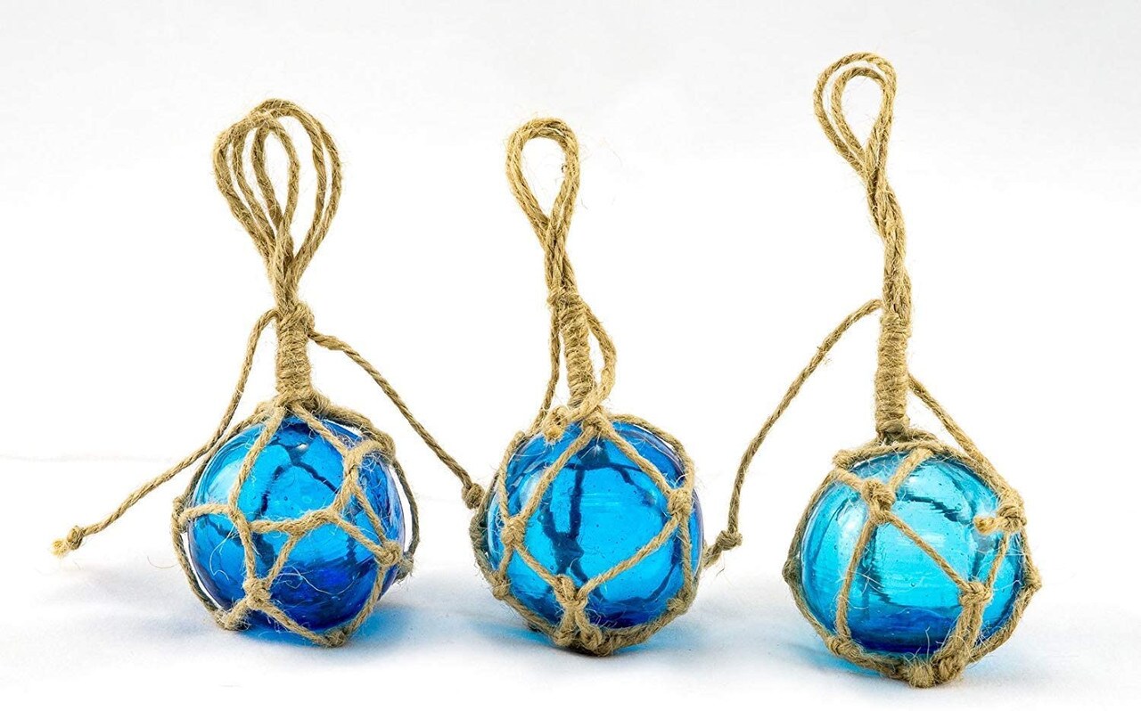 Glass Fishing Floats, 3" Aqua, 3 Pack, Japanese Glass Buoys with Rope ...