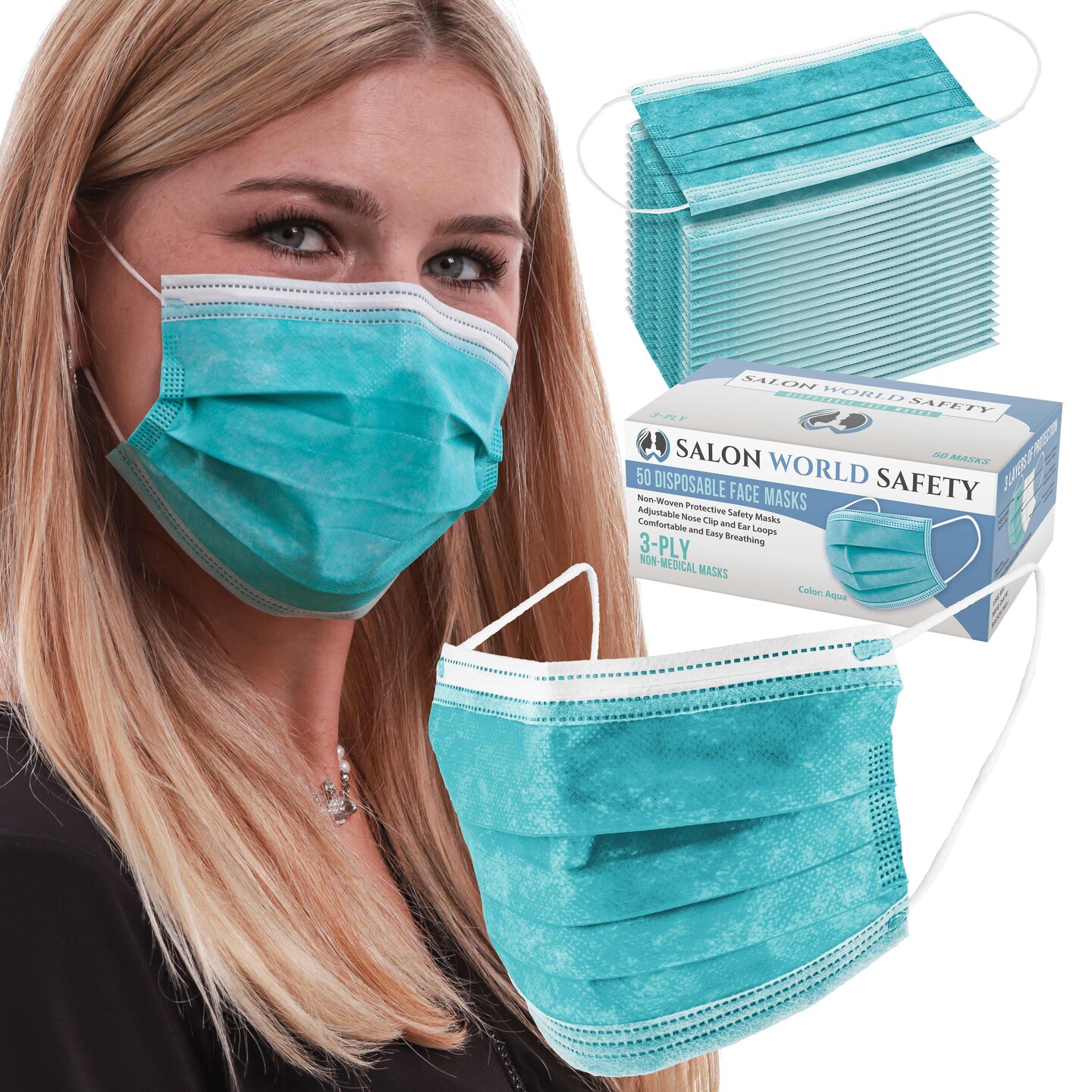 Salon World Safety Aqua Masks (Sealed Dispenser Box of 50) - 3 Layer ...