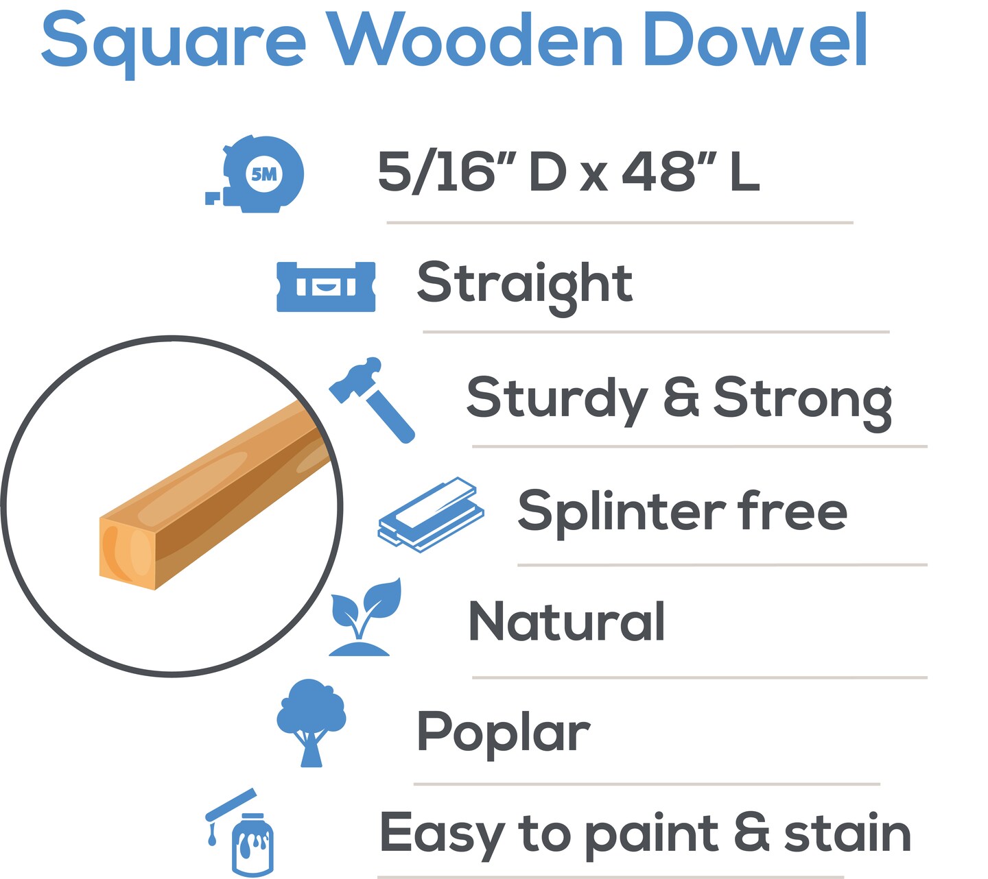 Wood Square Dowel Rods 5/16 inch Diameter, Multiple Lengths Available ...