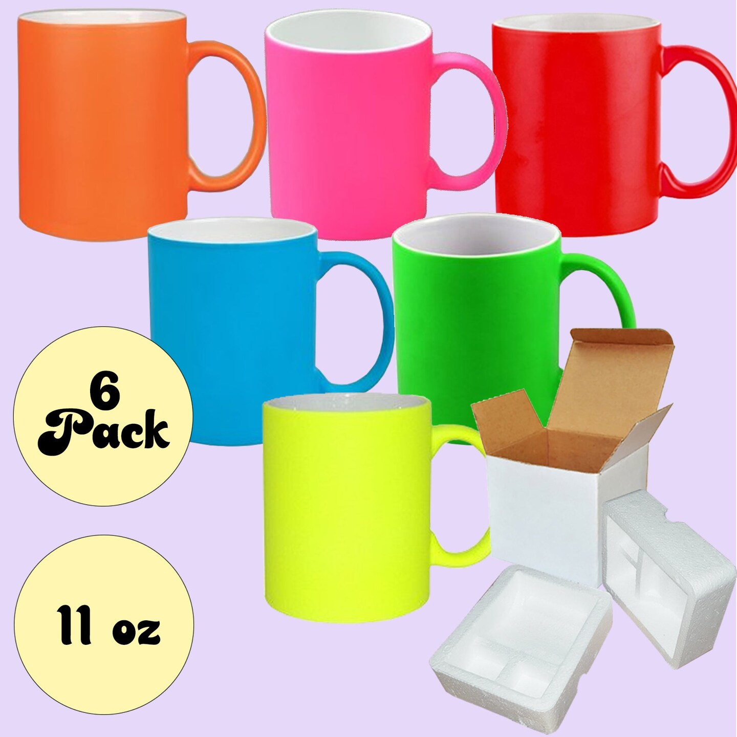 6 PACK 11OZ MIXED COLORS Fluorescent / Neon Sublimation Mugs with Foam ...